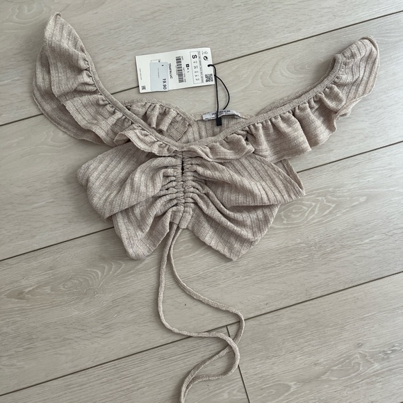 Zara | Tops | Zara Tan Crop Top With Ruffles And Tie Strings | Poshmark